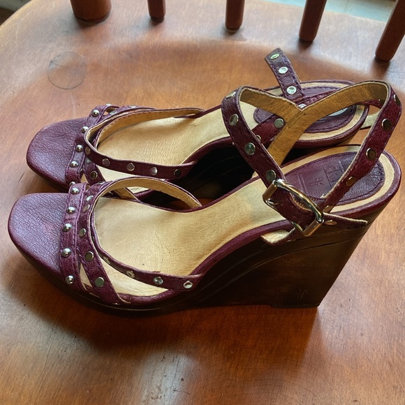 Frye | Shoes | Frye Briget Studded Purple Leather Wood Platform Wedge ...